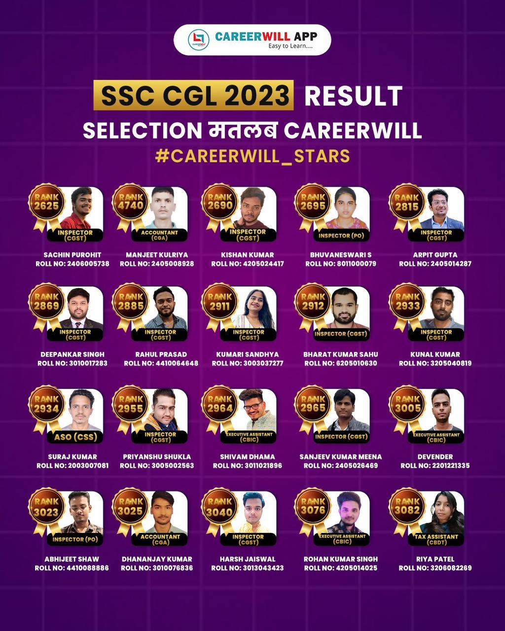 SSC CGL Final Result out 2023 , Careerwill Toppers - Careerwill App